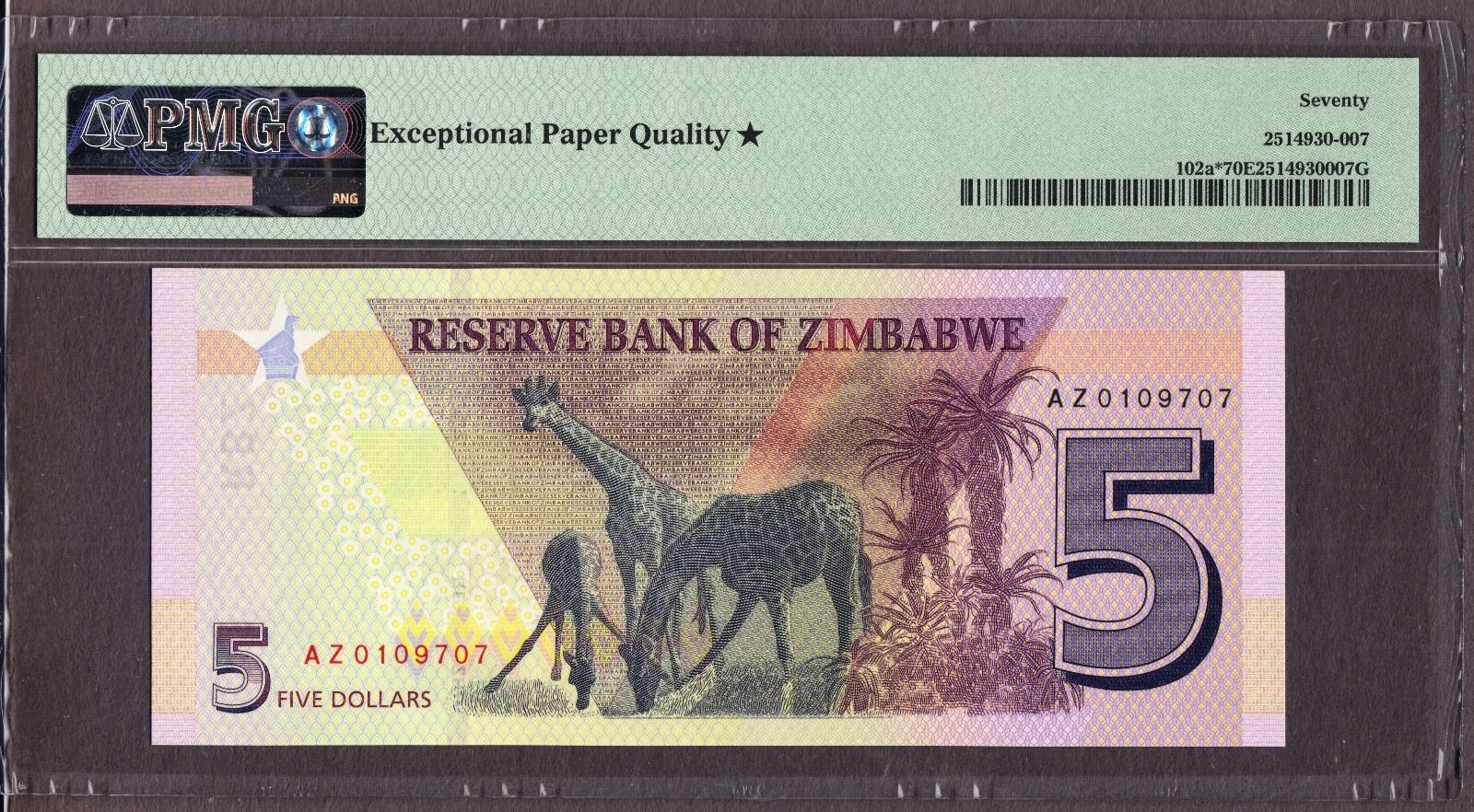 Zimbabwe $5 REPLACEMENT 2019 AZ 0109707 P-102a* SUPERB GEM UNC PMG 70 ...