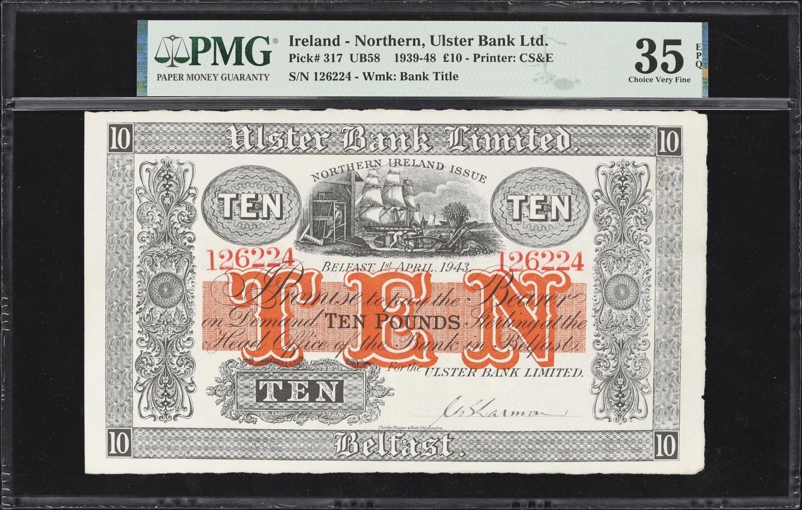 Northern Ireland - Ulster Bank Ltd 10 Pounds 1.4.1943 P-317 Very Fine ...