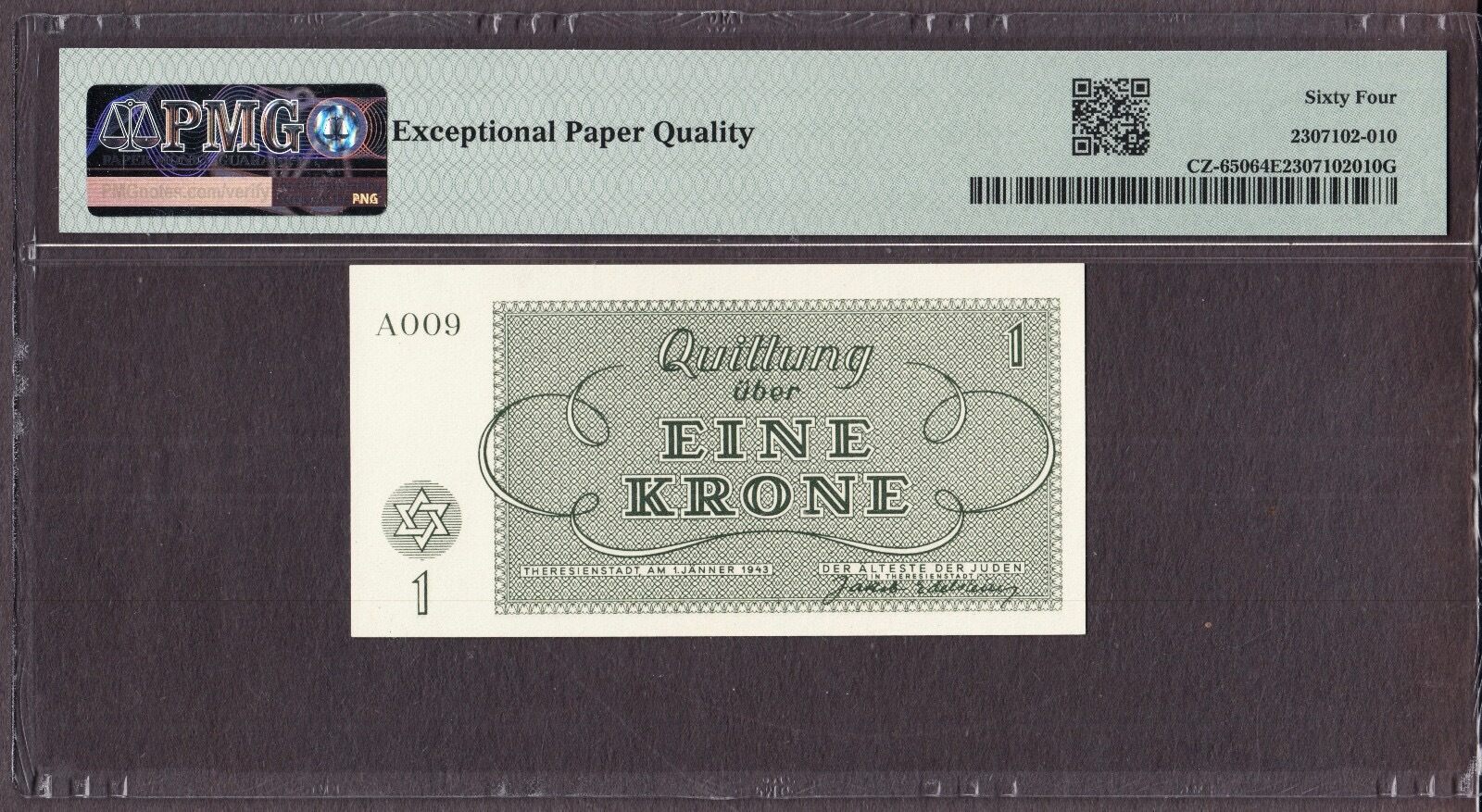 Czechoslovakia Theresienstadt Ghetto 1 Krone 1943 Sr# A009 CH UNC PMG ...