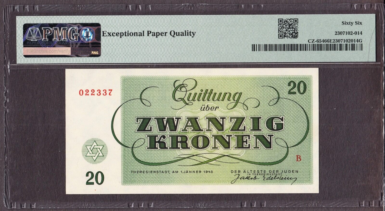 Czechoslovakia Theresienstadt Ghetto 20 Kronen 1943 CZ-654 GEM UNC PMG ...