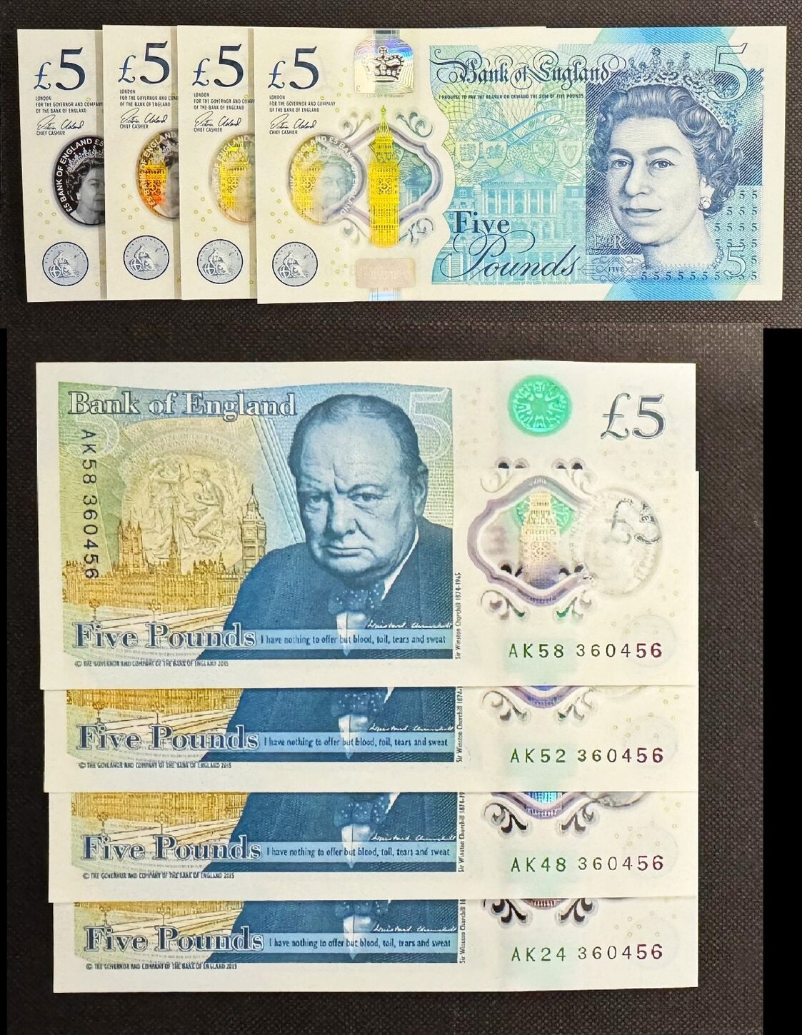 Great Britain 2016 Polymer 4 x 5 Pounds MATCHING Serial 360456 AUNC (1 ...