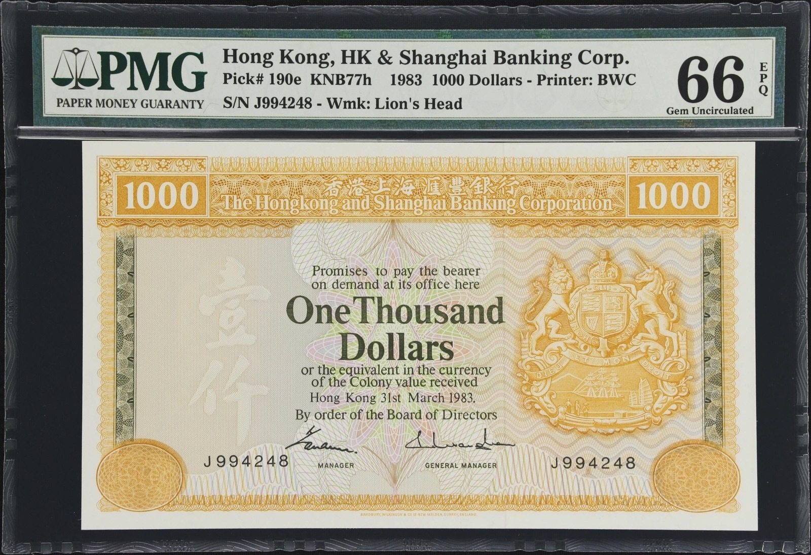 Hong Kong 1000 Dollars 1983 Serial # J-994248 Pick-190e GEM UNC PMG 66 ...