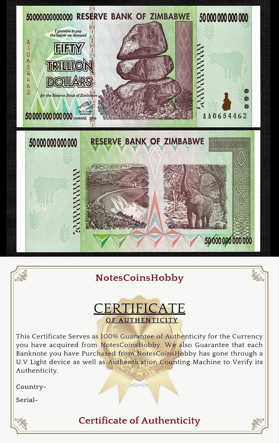 Zimbabwe 50 Trillion 2008 AA With CERTICICATE OF AUTHENTICITY & U.V ...