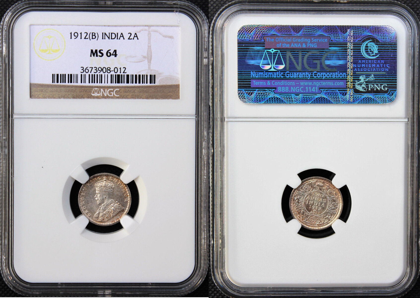 1912 British India (B) KGV Two Anna NGC Graded MS 64 | MA-Shops