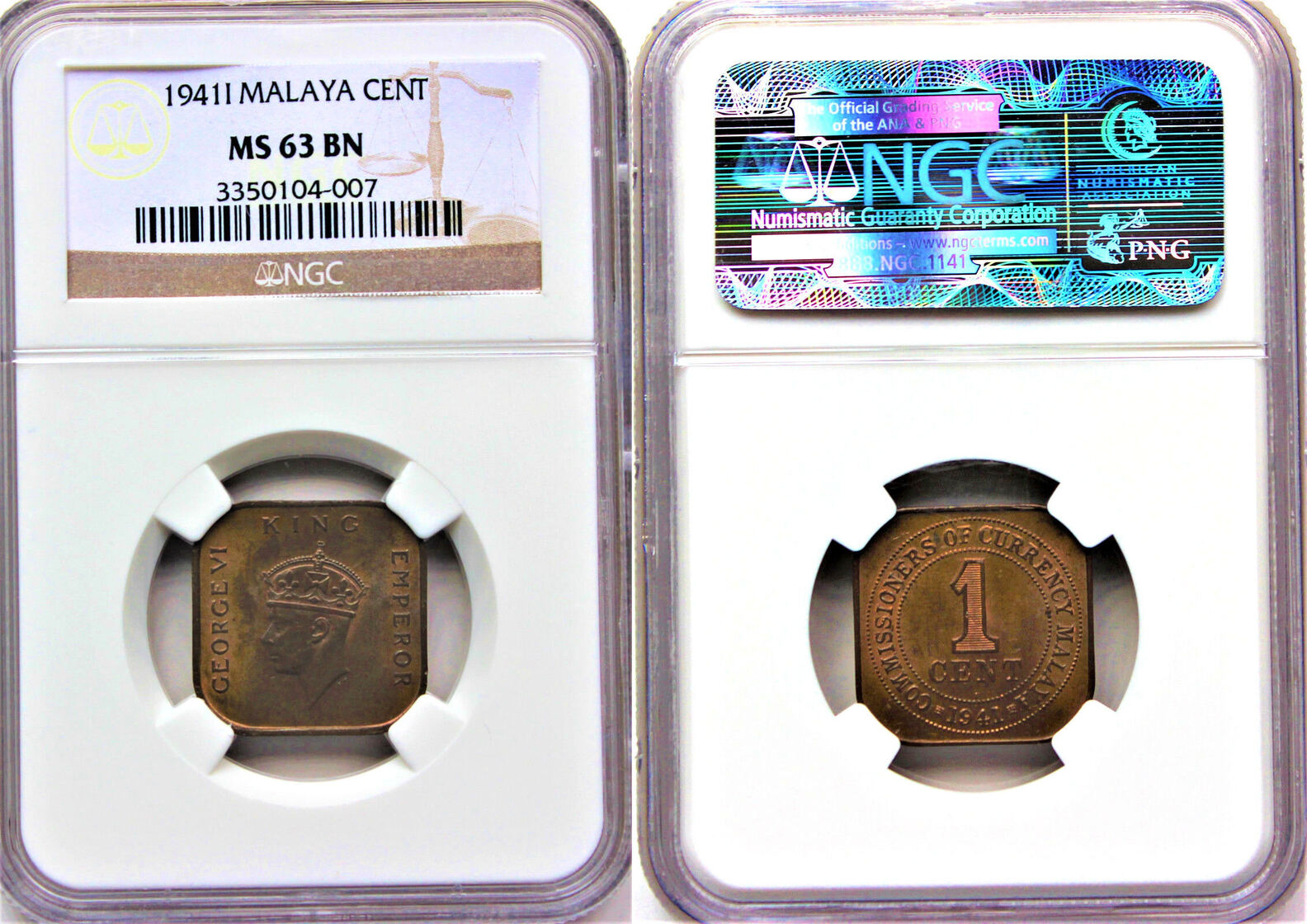 Cent Malaya - British 1941 - I KGVI One NGC MS 63 BN | MA-Shops