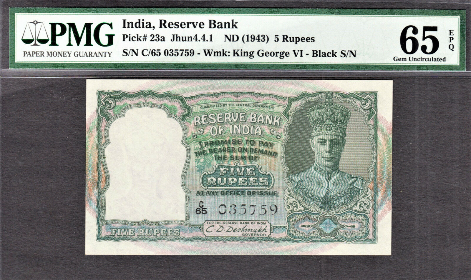 5 Rupees 1943 British India ND KGVI Pick-23a GEM UNC PMG 65 EPQ | MA-Shops