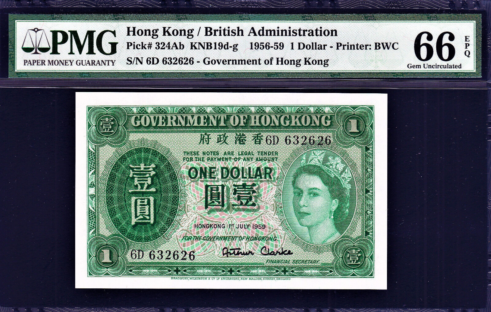 One Dollar 1959 Hong Kong Pick-324Ab GEM UNC PMG 66 EPQ | MA-Shops
