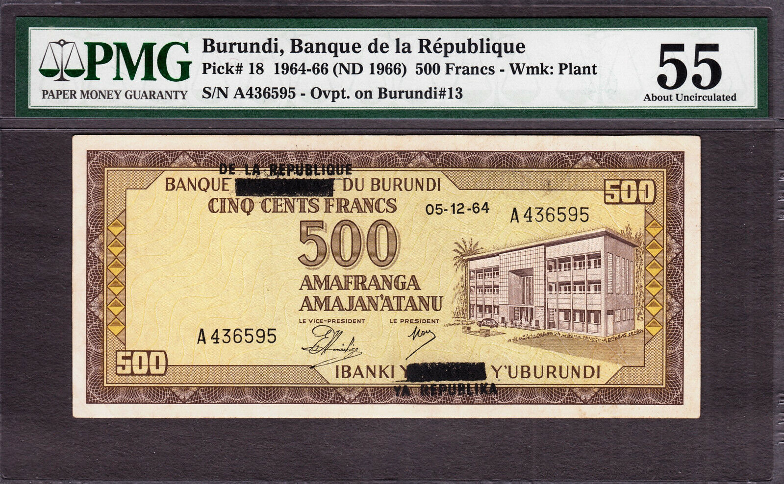 500 Francs 1966 Burundi 1964-66 ND Pick-18 About UNC PMG 55 | MA-Shops