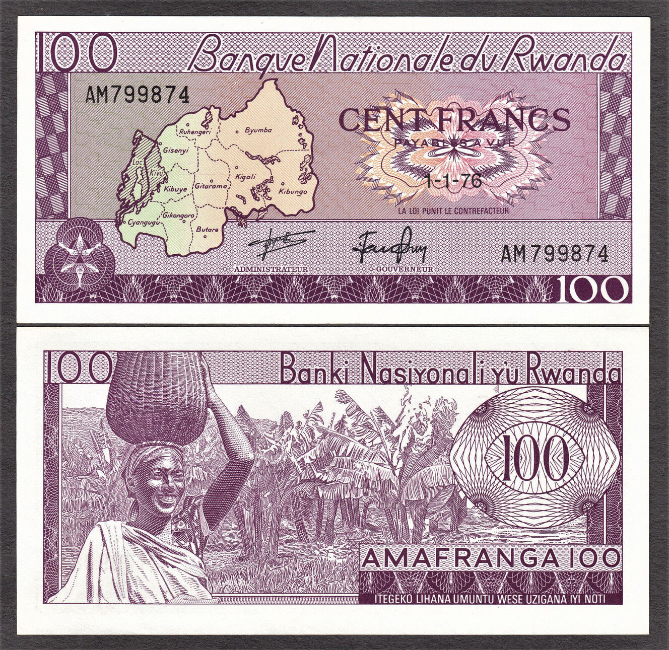 100 Francs 1976 Rwanda Pick-8d Original Crisp UNC unz | MA-Shops