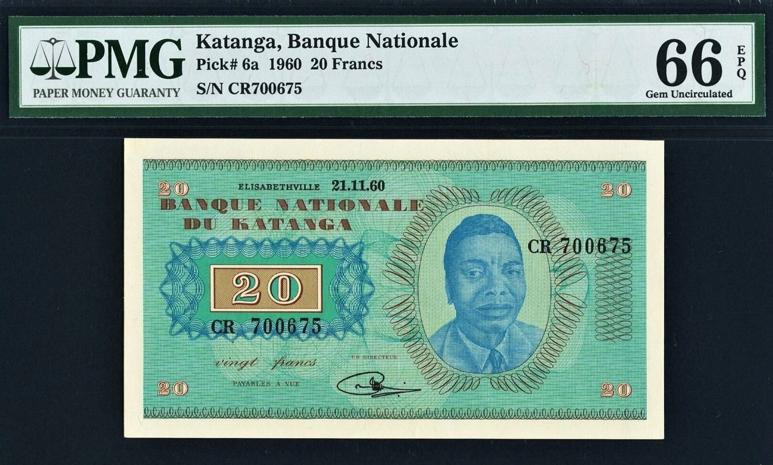 20 francs 1960 Katanga Pick-6a UNC PMG 66 EPQ | MA-Shops