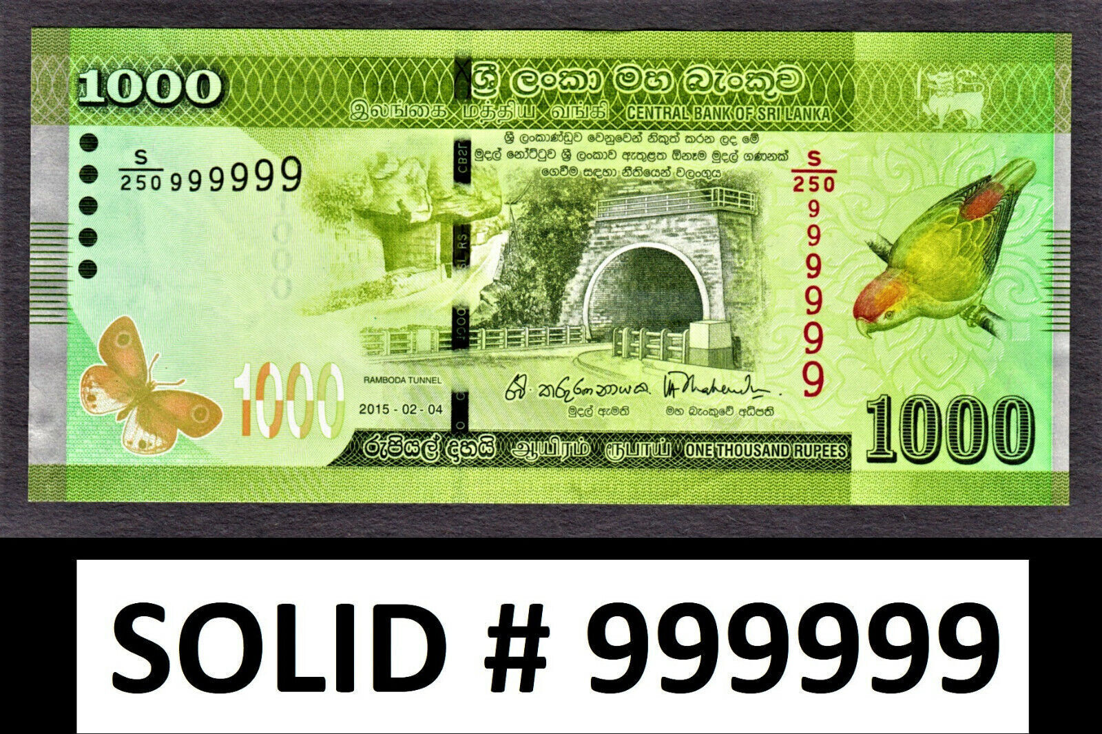 1000 Rupees 2015 Sri Lanka SOLID Serial 999999 Pick-127c CRISP UNC unz ...