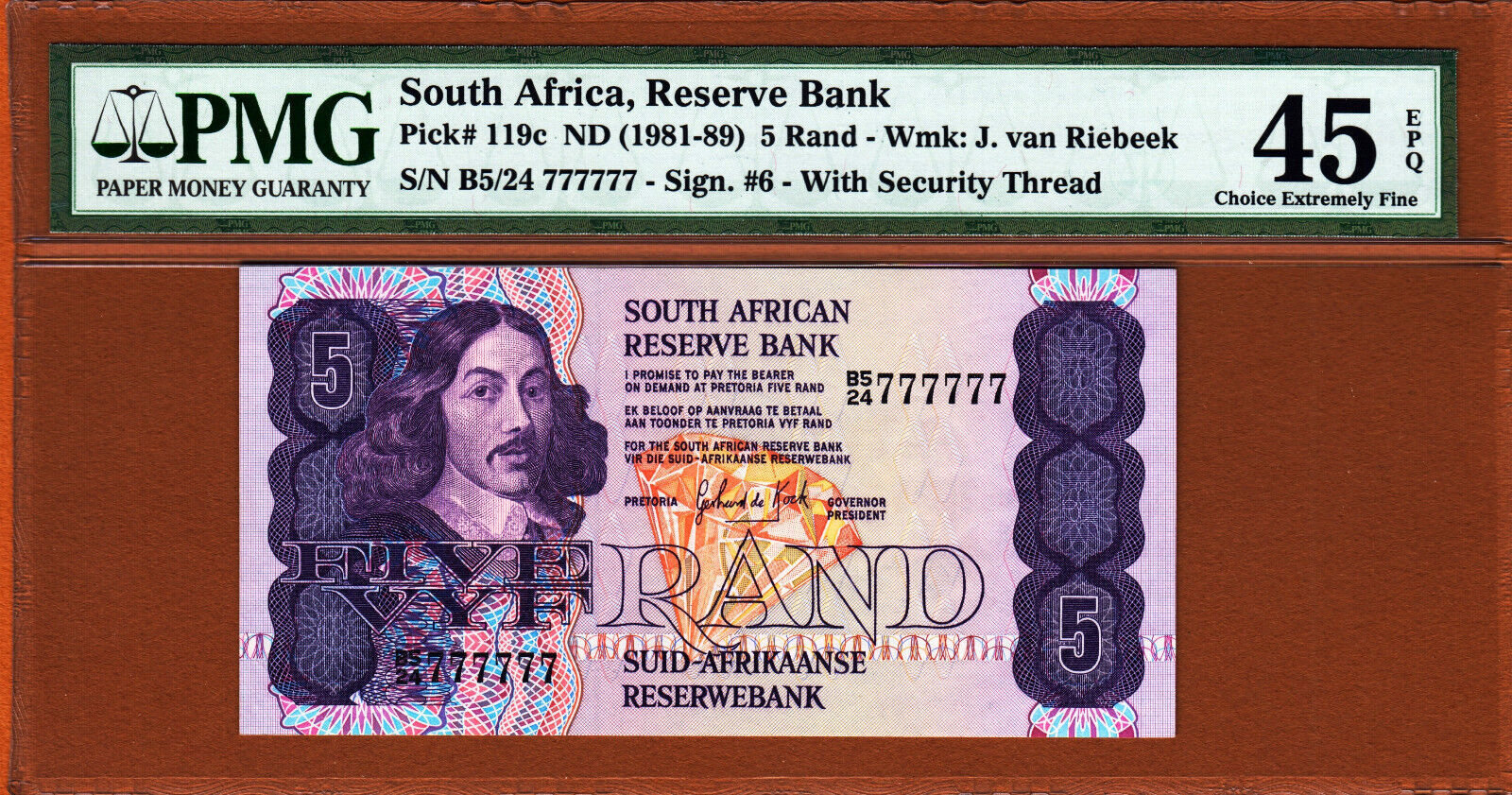 5 Rand South Africa 1981-89 SOLID Serial 777777 P-119c Ch Ex Fine PMG ...