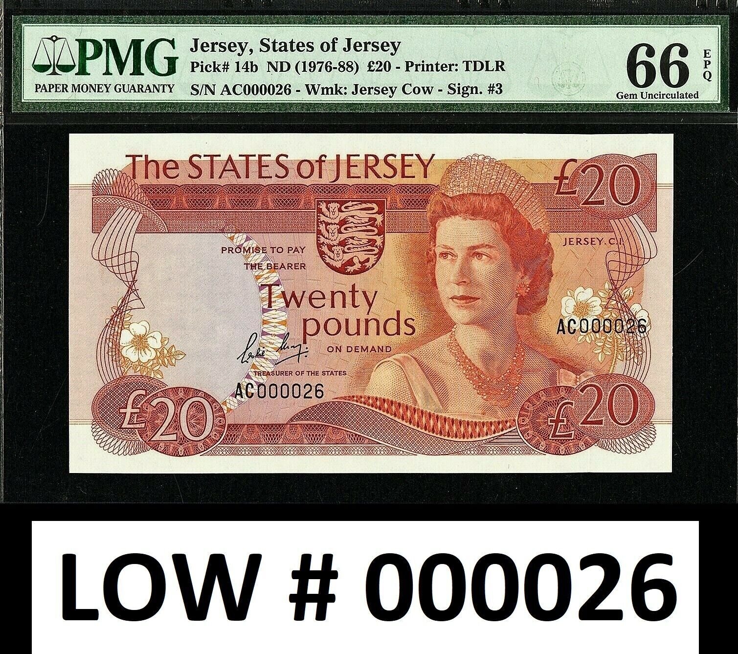 UK (Great Britain) 20 Pounds 1976-88 Jersey QEII LOW Serial 000026 Pick-14b ND GEM UNC PMG 66 ...