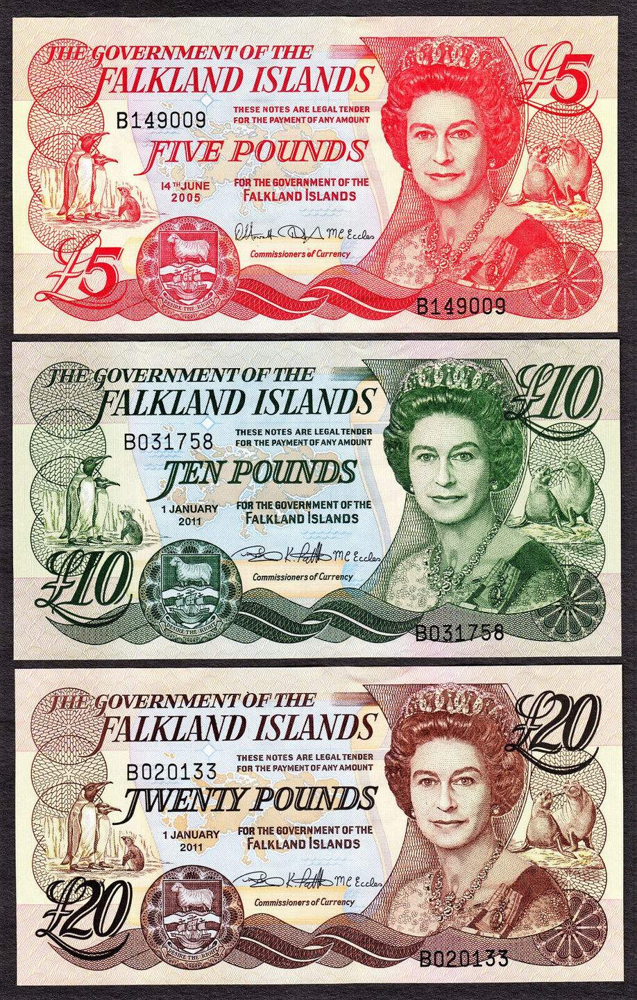 20 Pounds Falkland Islands 3 Notes 5, 10 & 2005-2011 QEII Pick-17, 18 ...