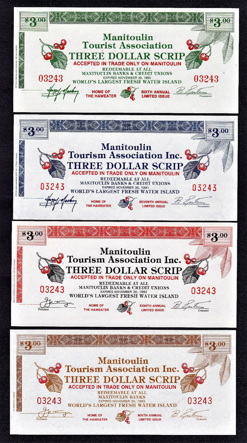 3 Dollar Canada Local Currency MANITOULIN 9 MATCHING Serial SET 1985 ...