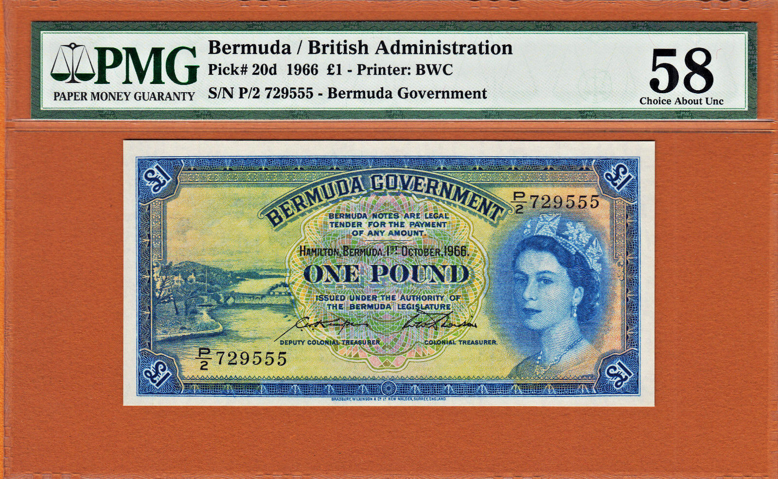 Pound 1966 Bermuda One QEII S/N 729555 Pick-20d Ch Abt UNC PMG 58 | MA ...