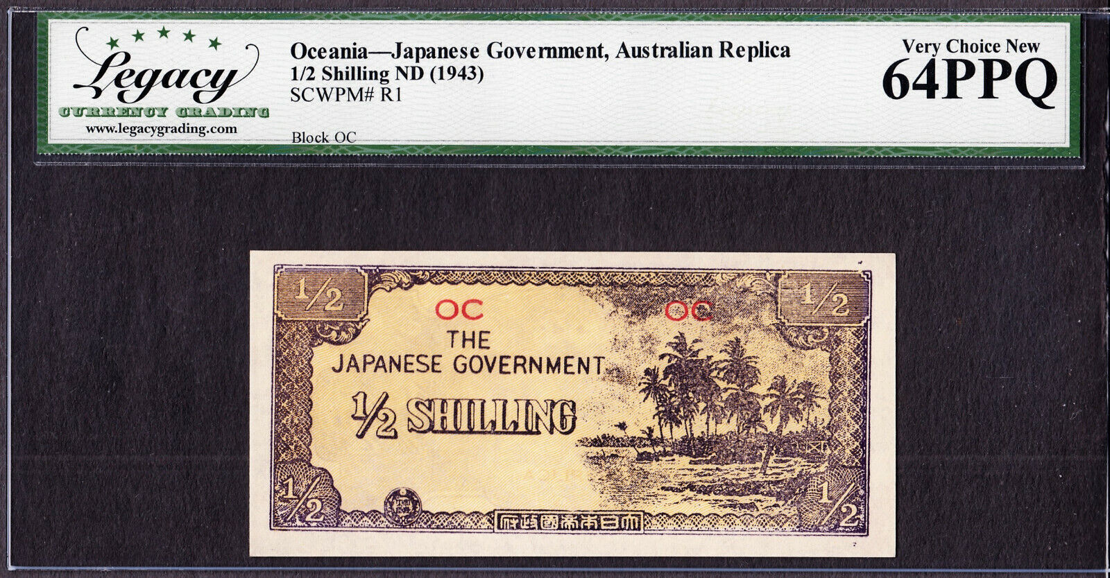 1/2 Shilling 1943 Oceania, Japanese Government ND Pick-R1 CH UNC Legacy ...