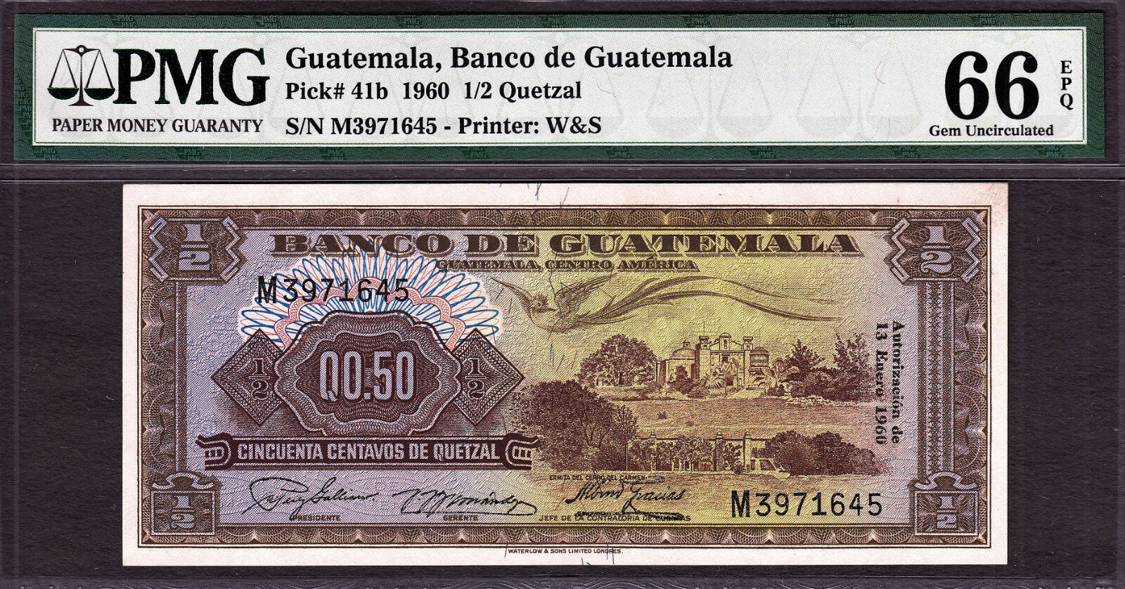 0.50 quetzal 1960 Guatemala 1/2 // Pick-41b GEM UNC PMG 66 EPQ | MA-Shops