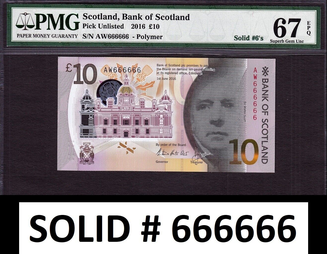 10 Pounds 2016 Scotland Polymer SOLID Serial 666666 SUPERB GEM UNC PMG ...