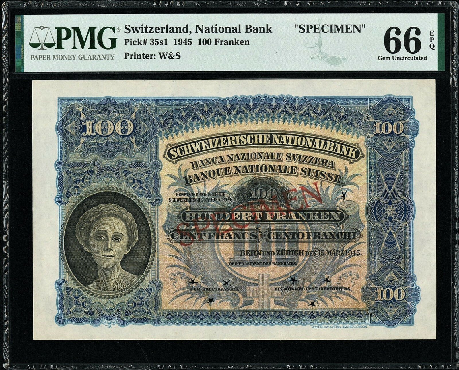 100 Franken 1945 Switzerland SPECIMEN Pick-35s1 GEM UNC PMG 66 EPQ | MA ...