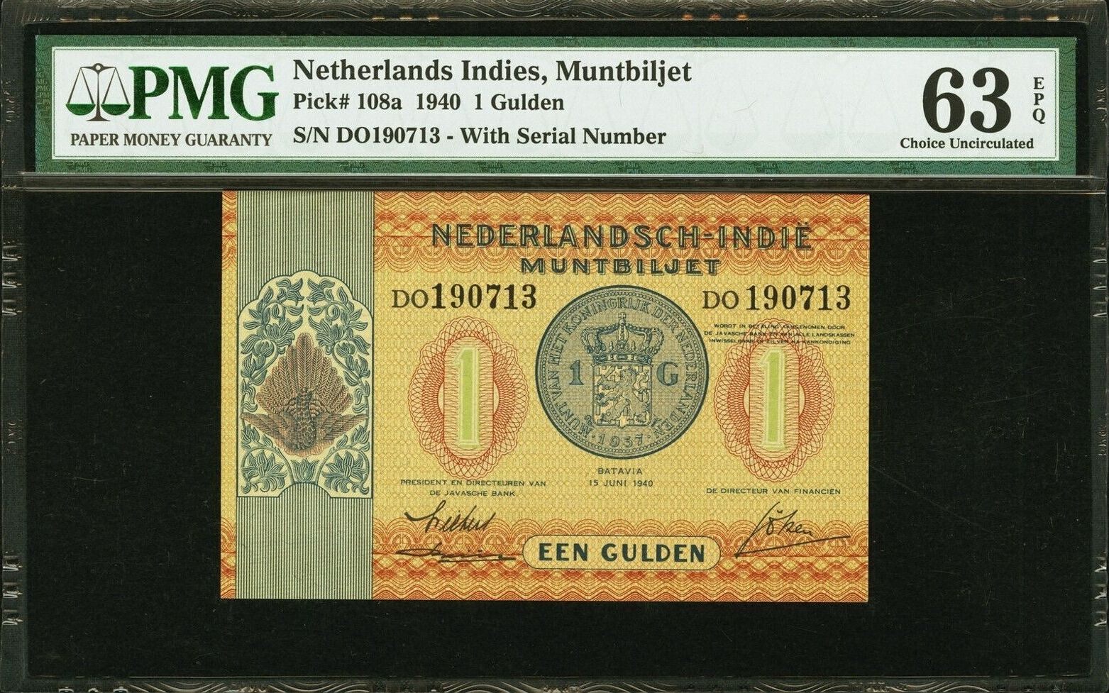 Gulden 1940 Netherlands Indies One Pick-108a Ch UNC PMG 63 EPQ | MA-Shops