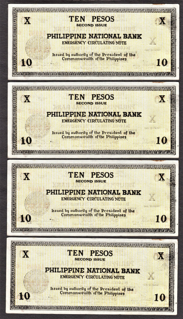 10 Pesos 1941 Philippines NEGROS OCCIDENTAL WWII 4 CONSECUTIVE Pick ...
