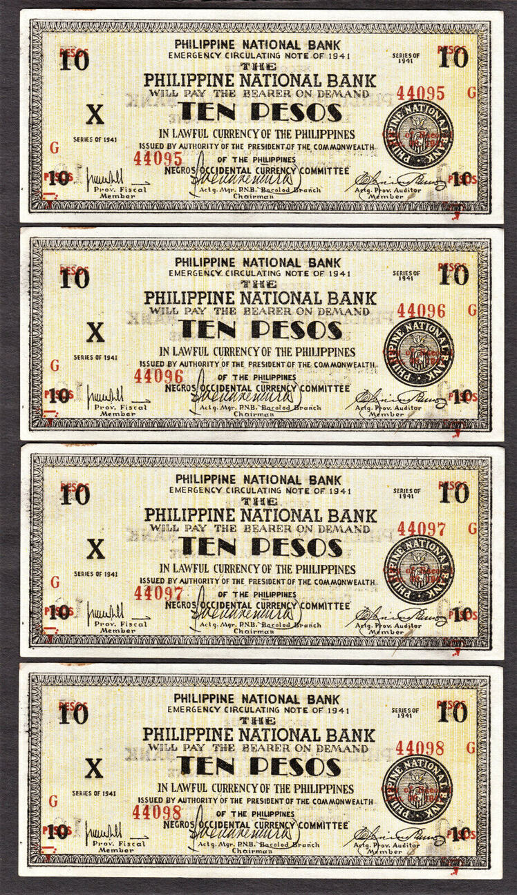 10 Pesos 1941 Philippines NEGROS OCCIDENTAL WWII 4 CONSECUTIVE Pick ...