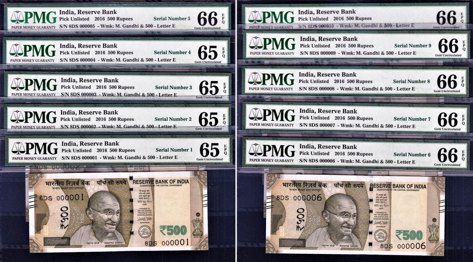 500 Rupees 2016 India 10 X LOW Serial 000001 to 000010 GEM UNC PMG 65 ...