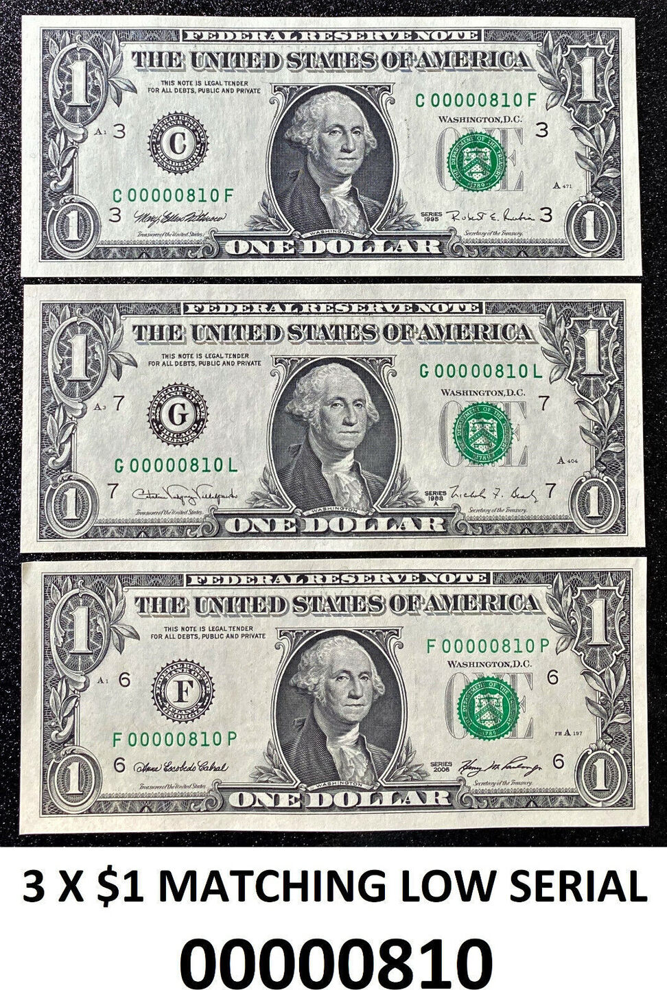 USA One Dollar Federal Reserve 3 Pcs SET 1988-2006 MATCHING LOW Serial 00000810 UNC unz | MA-Shops