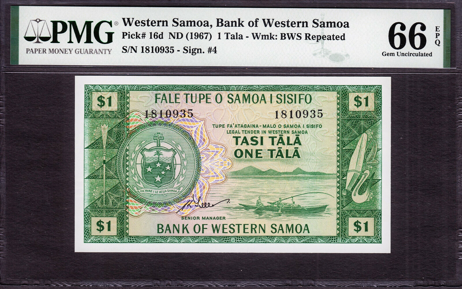 1967 Western Samoa One Tala ND W/o Letter PREFIX Pick-16d GEM UNC PMG ...