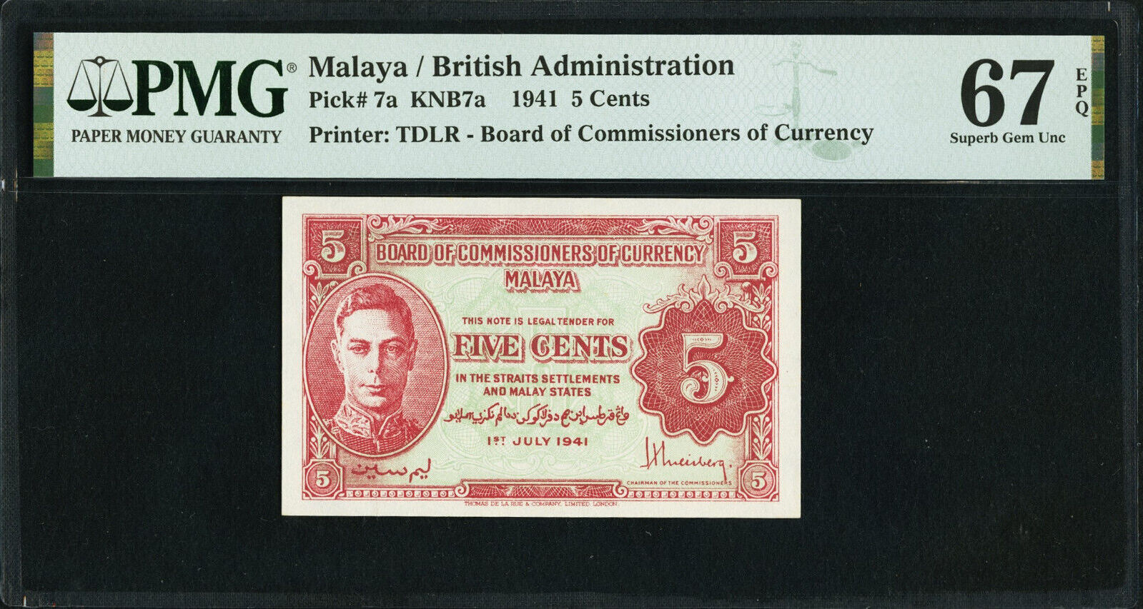 Malaysia 5 Cents 1941 Malaya - British Admin. KGVI Pick-7a SUPERB GEM UNC PMG 67 EPQ | MA-Shops