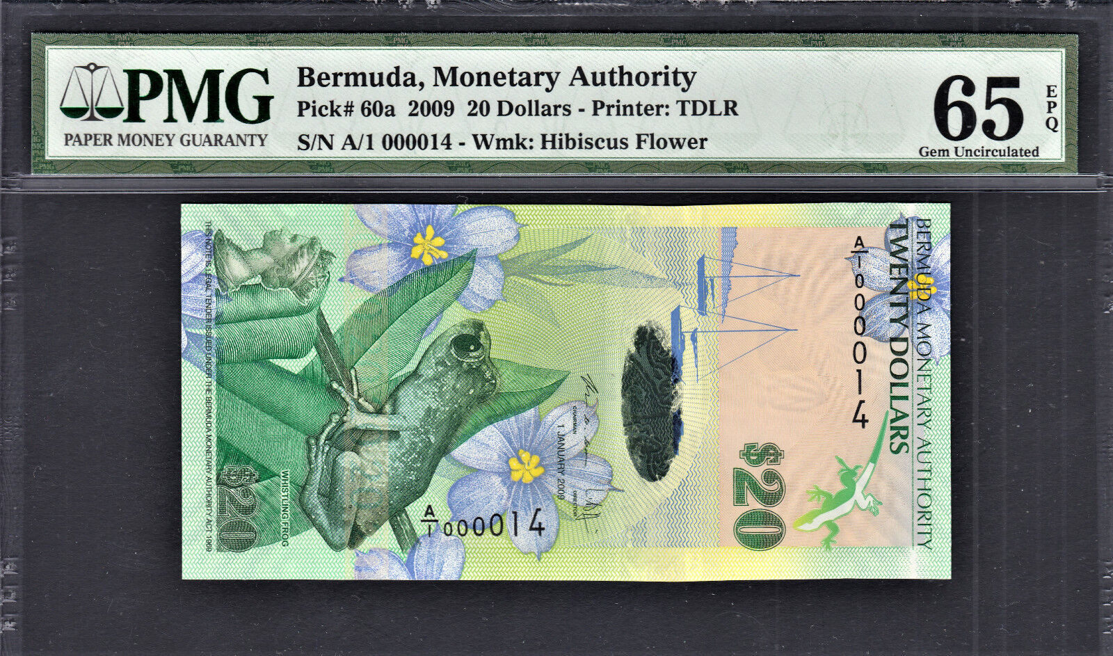 2009 Bermuda $20 Hybrid Polymer 1st Prefix LOW # A/1 000014 P-60b GEM UNC PMG 65 | MA-Shops