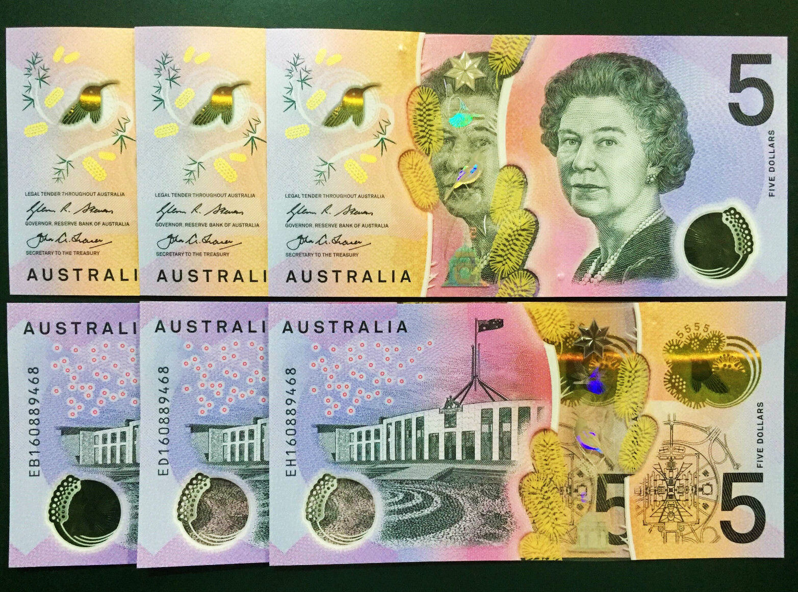 2016 Australia Polymer $5 X 3 MATCHING SERIAL NUMBERS Pick-62 UNC unz ...
