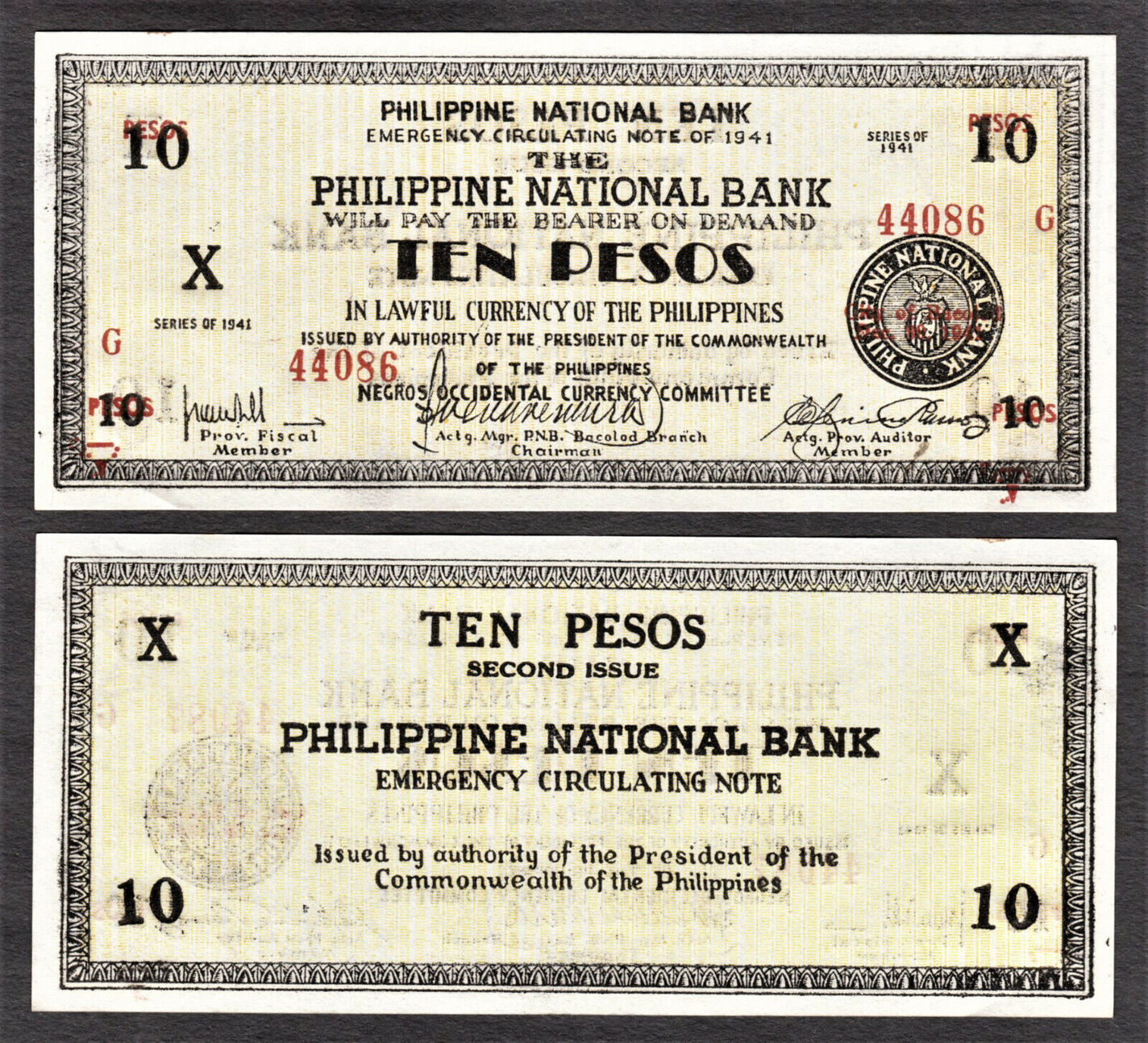 10 Pesos 1941 Philippines NEGROS OCCIDENTAL WWII Pick-S627a CRISP AU ...