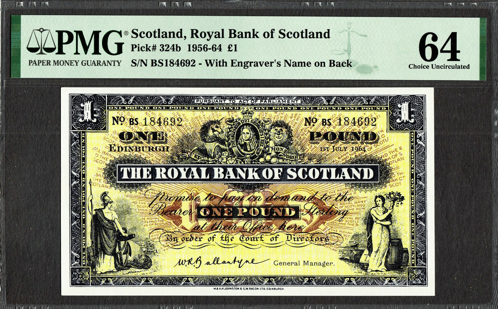 Pound Royal Bank of SCOTLAND One 1st July 1964 Pick-324b CH UNC PMG 64 ...