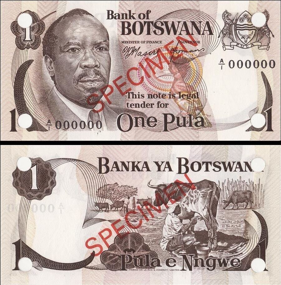 1976 Botswana One Pula SPECIMEN Pick-1s Prefix A/1 UNC unz | MA-Shops
