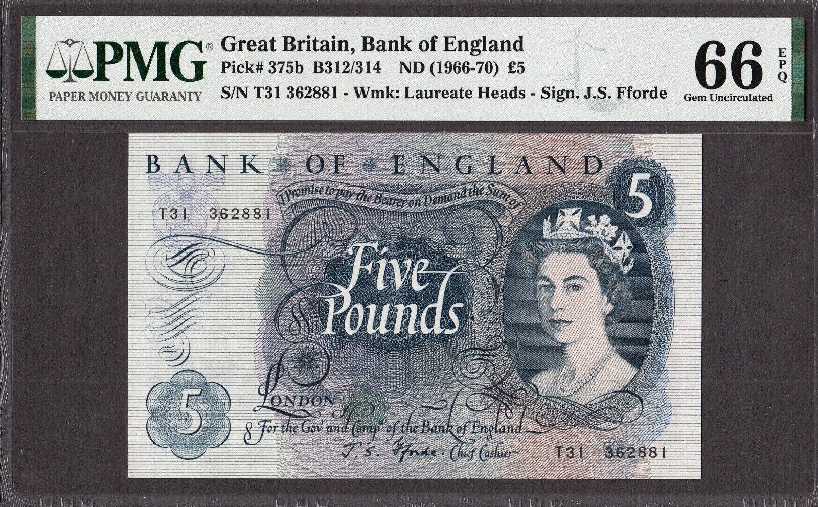 UK (Great Britain) 5 Pounds Great Britain 1966-70 QEII J.S Fforde Pick-375b GEM UNC PMG 66 EPQ ...