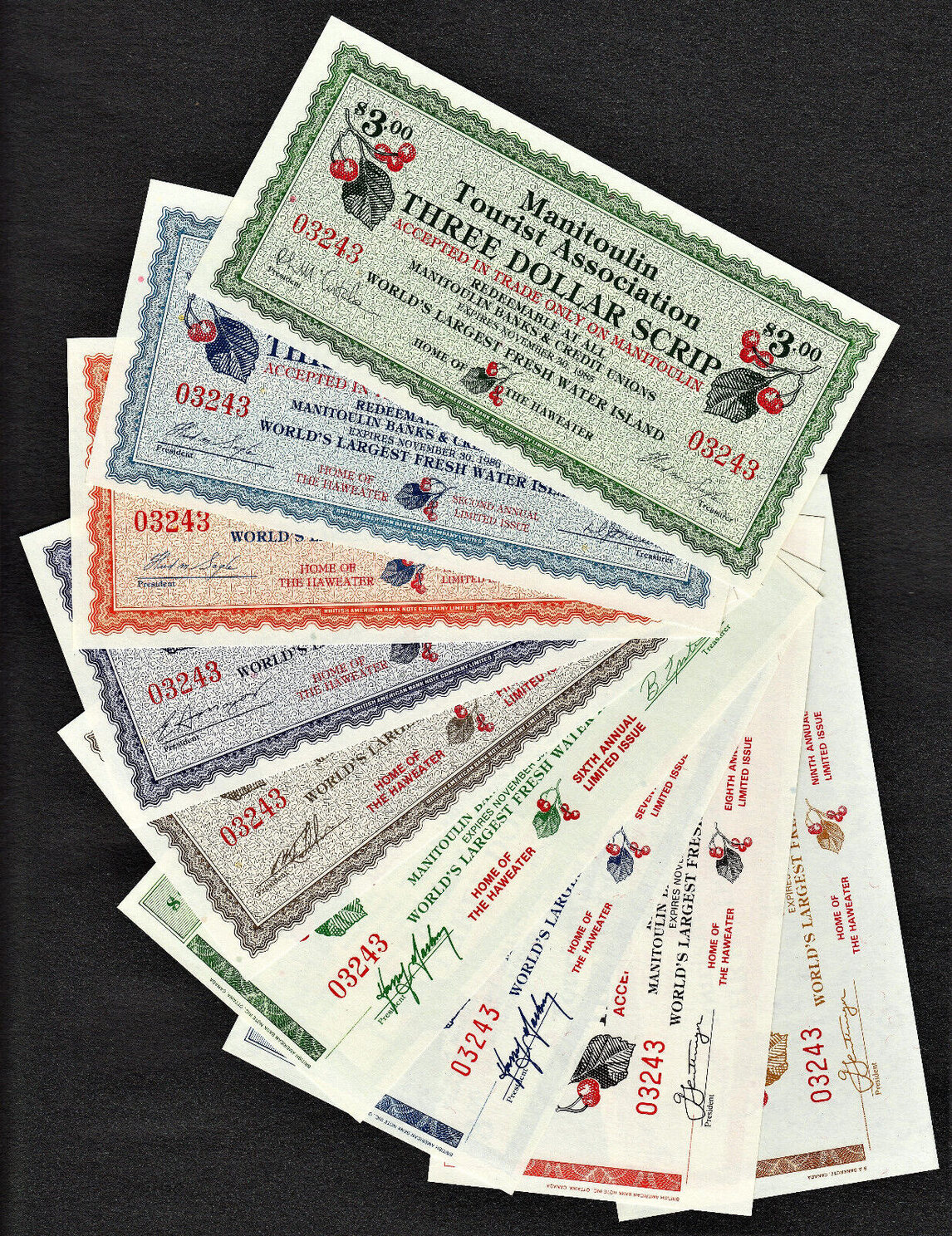 3 Dollar Canada Local Currency MANITOULIN 9 MATCHING Serial SET 1985 ...