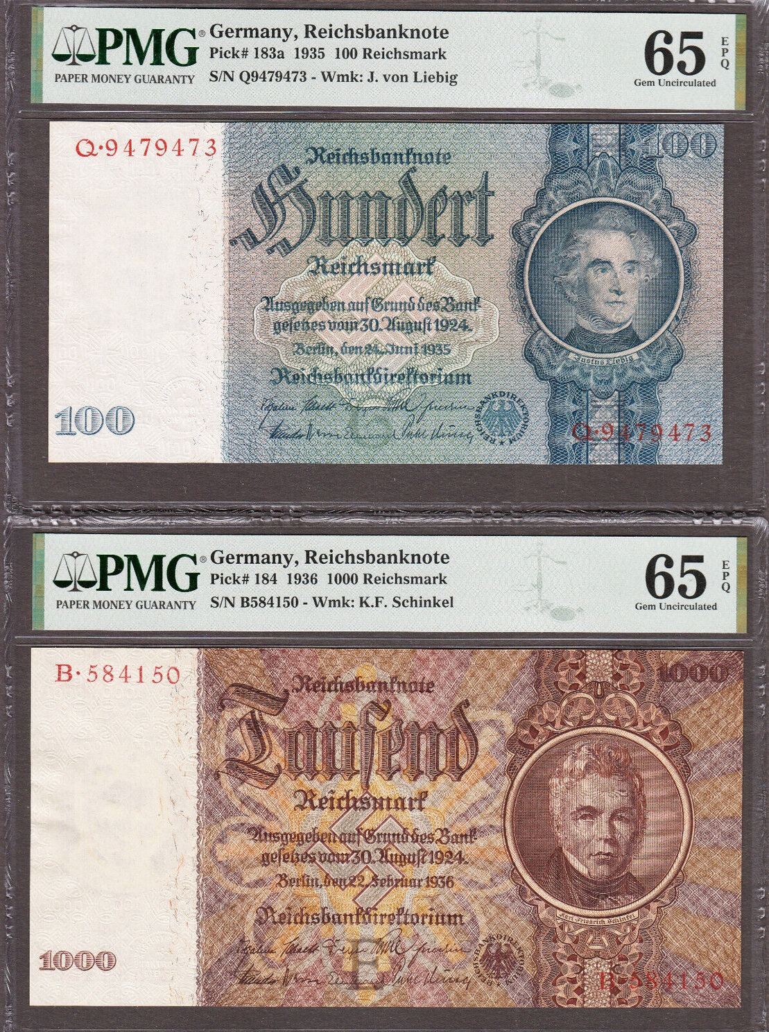 1000 Mark Germany Reichsbanknote 100 & 1935-36 Pick-183a, 184 GEM UNC ...