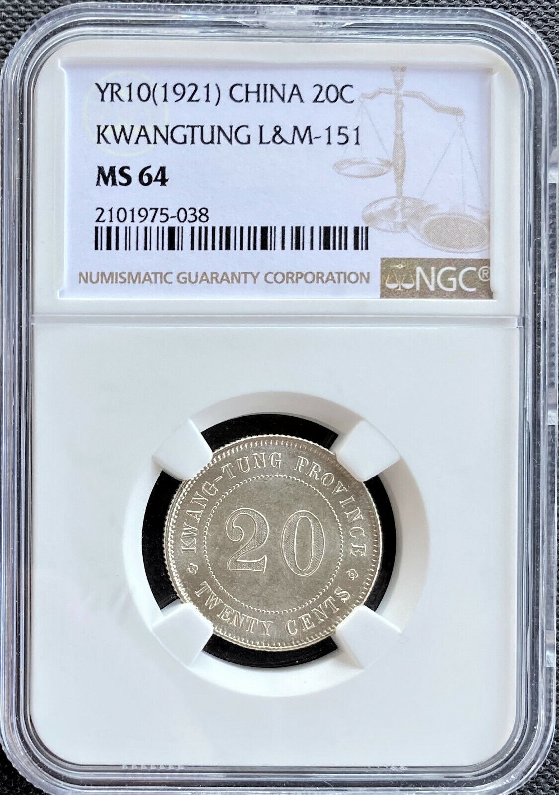 20 Cents 1921 China - Kwangtung LM-151 Y-423 YR-10 NGC Graded MS 64 | MA-Shops