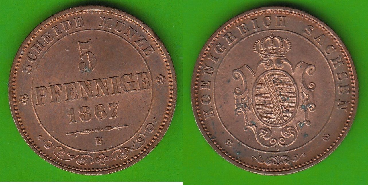 Sachsen 5 Pfennige 1867 Prachtexemplar, selten in dieser Qualität fast ...