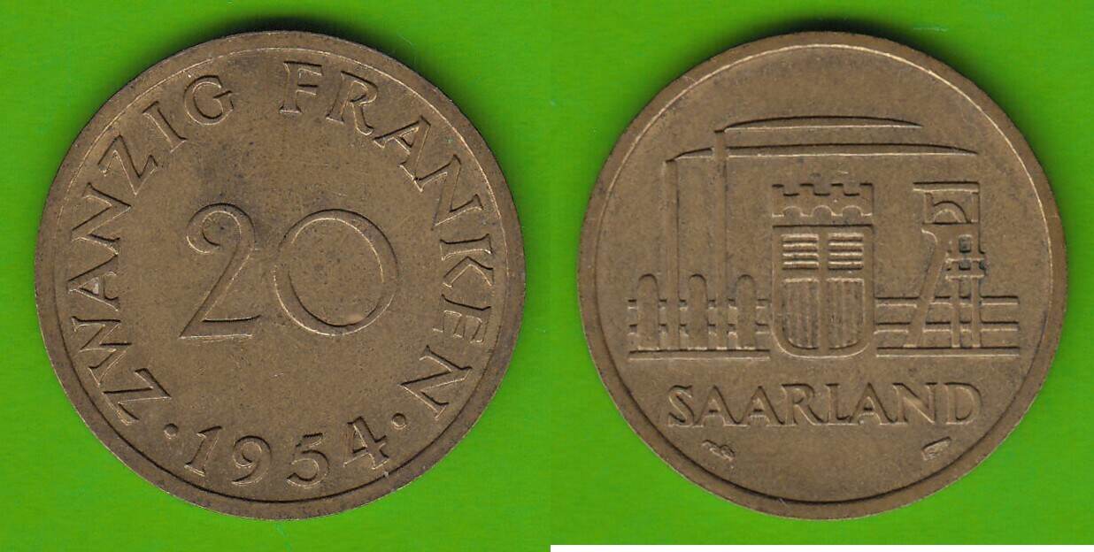 Saarland 20 Franken 1954 knappes vz | MA-Shops