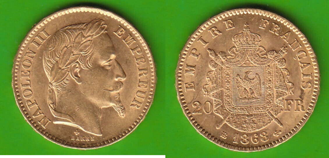 Frankreich 20 Francs 1868 BB GOLD, Napoleon III. 1852-1870, sehr hübsch vz-st/fast st, winzige ...