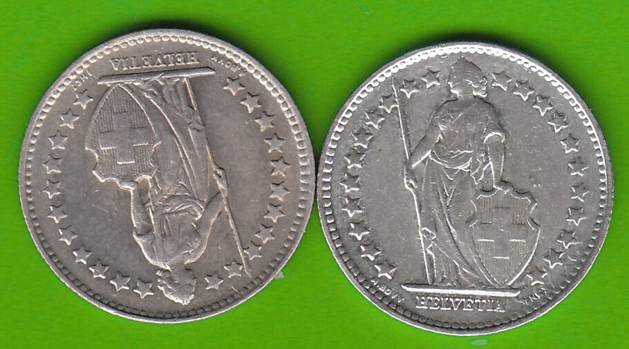Schweiz 1/2 Franken 1946 2 Münzen, einmal mit seltener 180° Stempeldrehung fast vz, einmal etwas ...