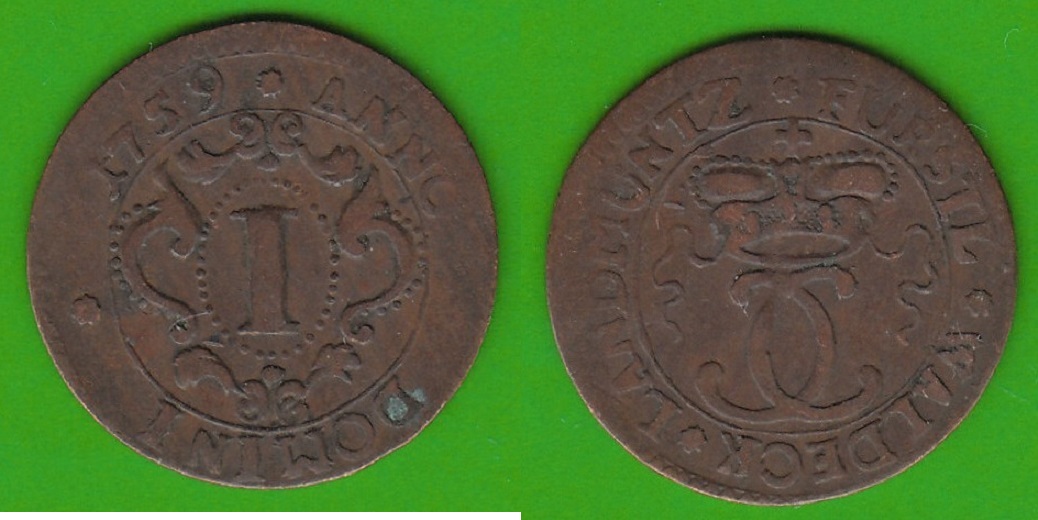 Waldeck 1 Pfennig 1759 Carl August Friedrich 1728-1763, sehr selten ...