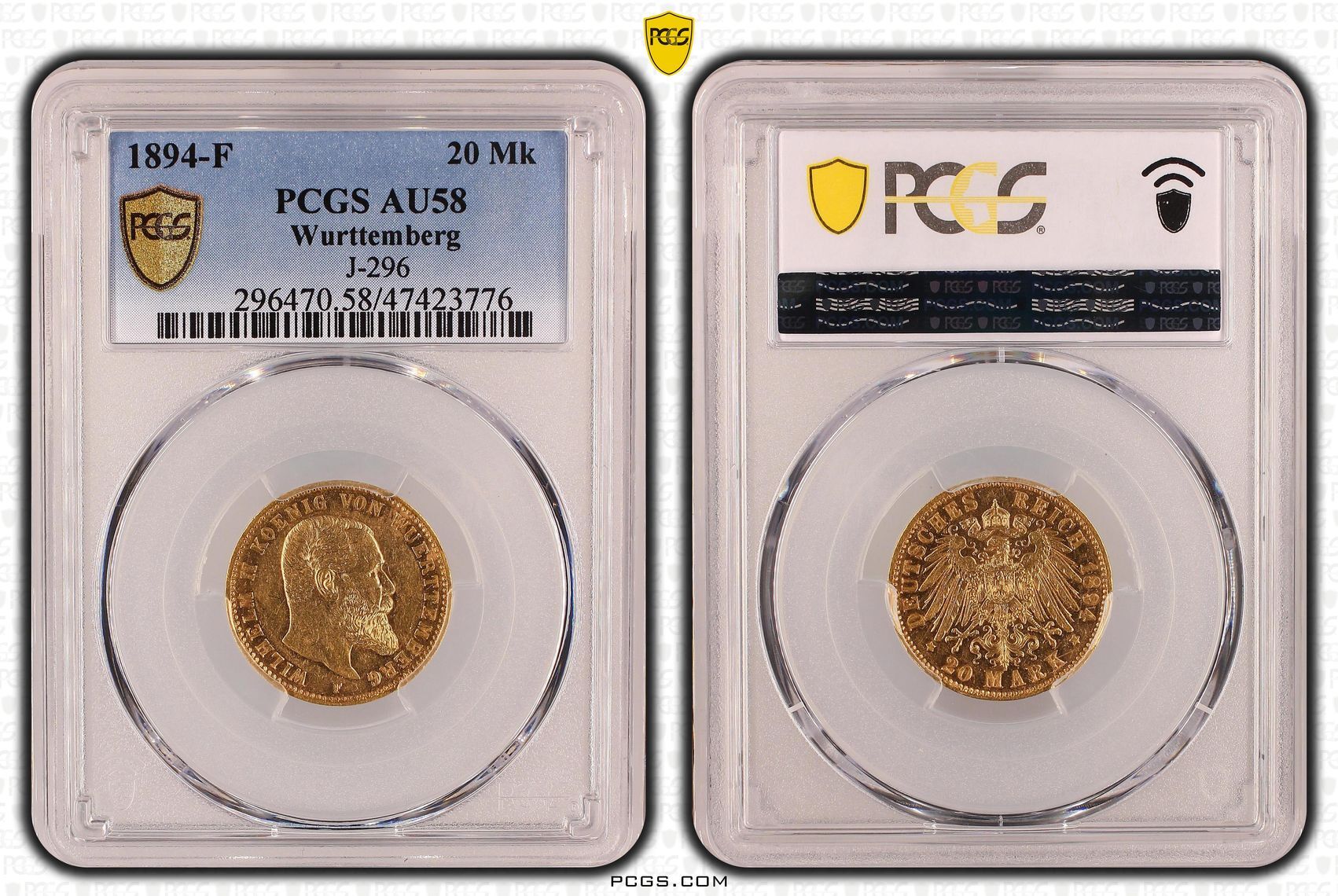 Württemberg 20 Mark 1894 GOLD, Wilhelm II. 1891-1918, hübsch PCGS AU58 ...