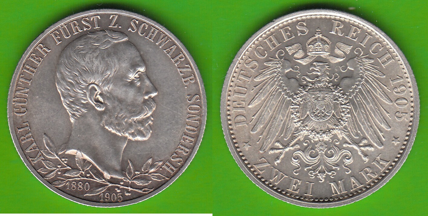 Schwarzburg-Sondershausen 2 Mark 1905 Karl Günther 1880-1909, breiter Randstab, toll erhalten st ...
