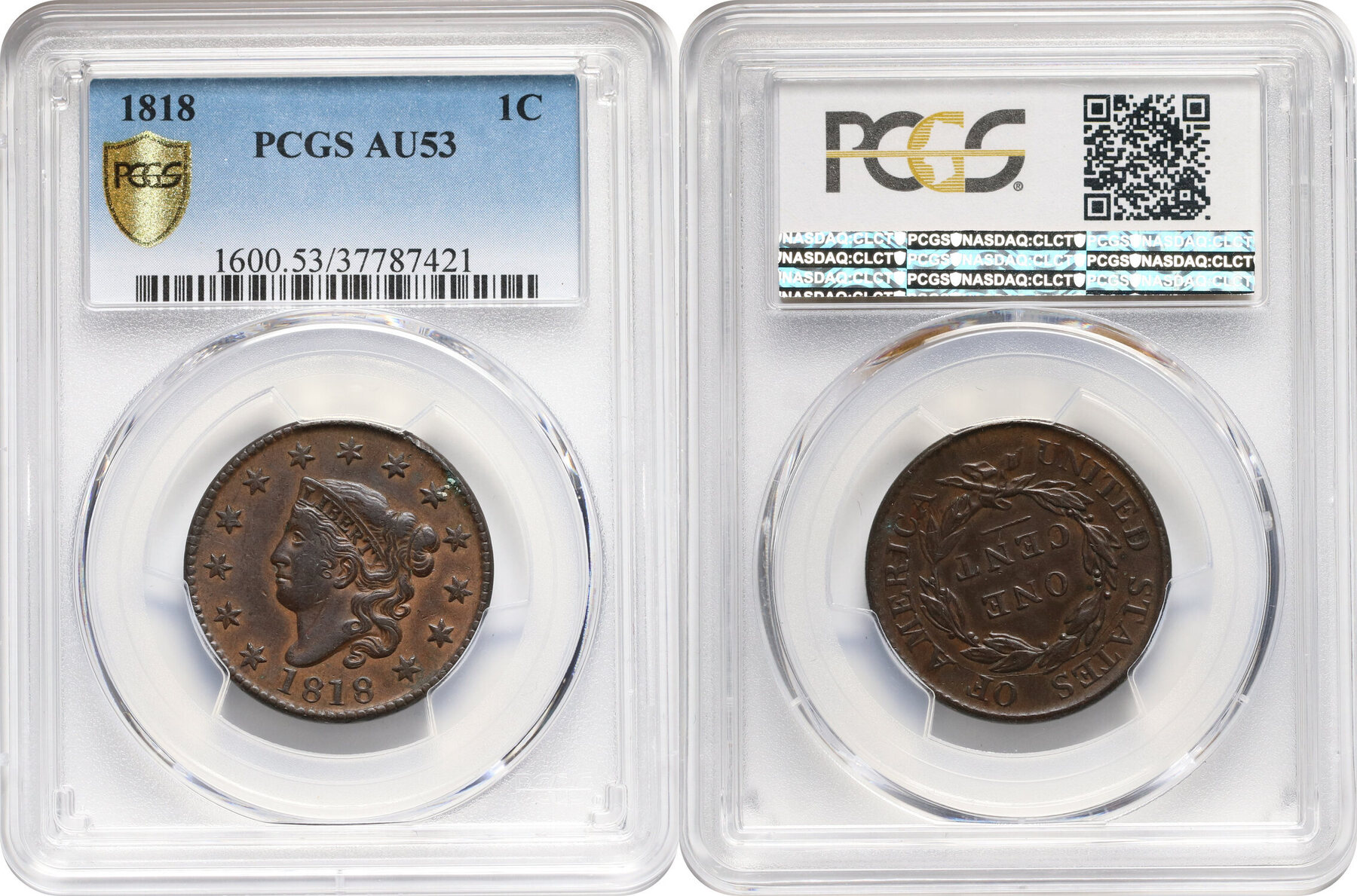 USA 1 Cent 1818 Coronet Head Cent PCGS AU53BN | MA-Shops