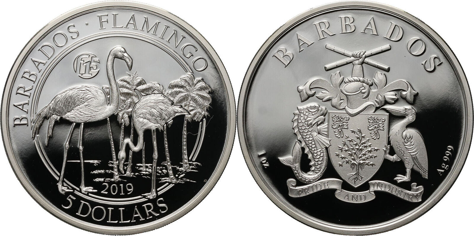 Barbados 5 Dollars 2019 Flamingo, Fabulous 15 Series, F15 Privy Mark ST ...