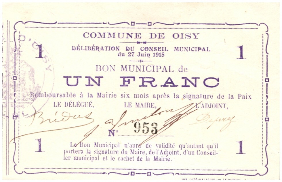 Frankreich 27/06/1915 1 Franc Oisy City - N953 - 1915 II / VZ | MA-Shops